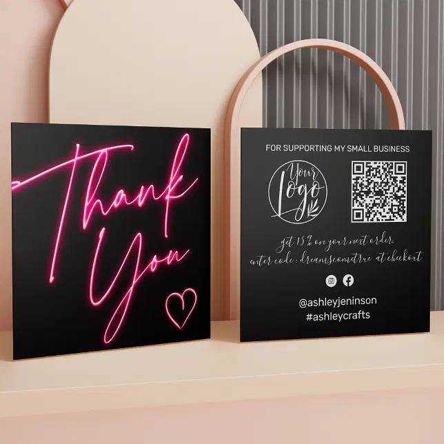 Modern thank you script order neon pink Qr code Square Business Card ...