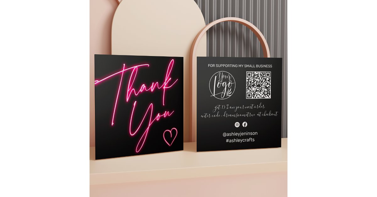 Modern thank you script order neon pink Qr code Square Business Card ...