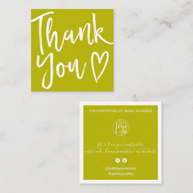 Modern thank you script order simple lime green square business card ...