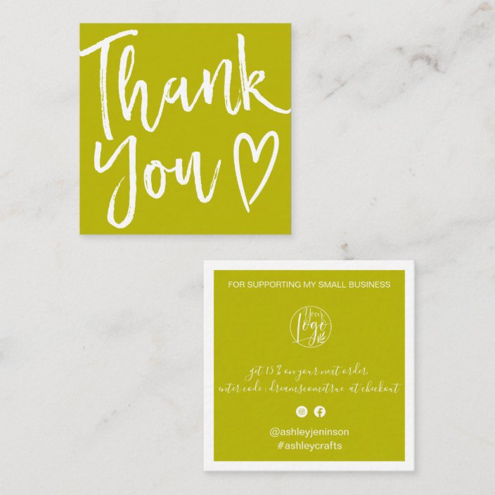 Modern thank you script order simple lime green square business card ...