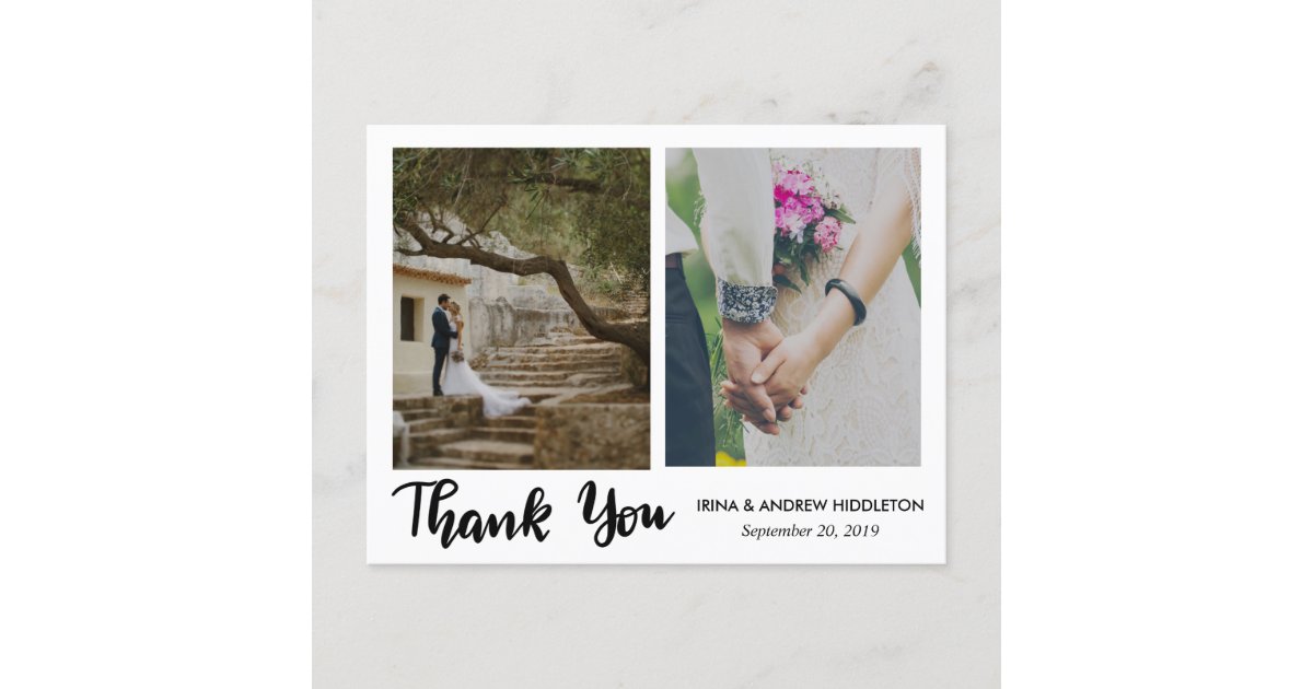 Modern Thank You Script Two Wedding Photos Postcard | Zazzle