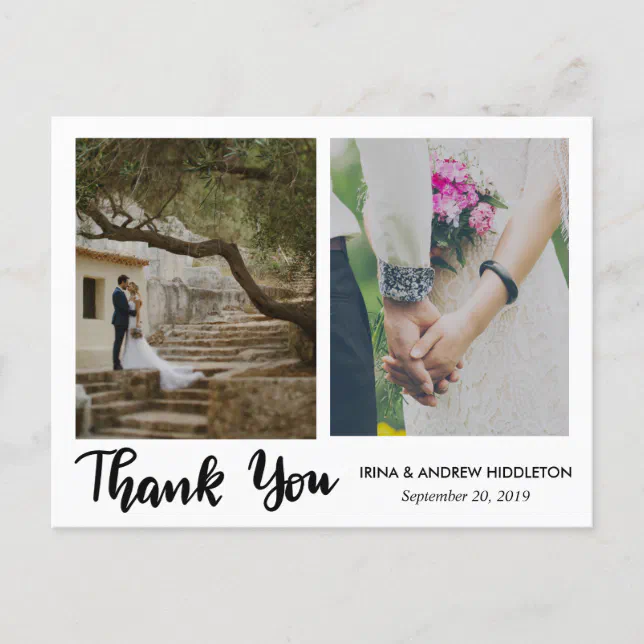 Modern Thank You Script Two Wedding Photos Postcard | Zazzle