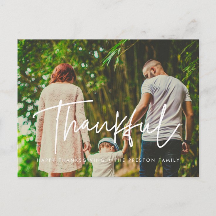 Modern Thankful Thanksgiving family photo Postcard | Zazzle