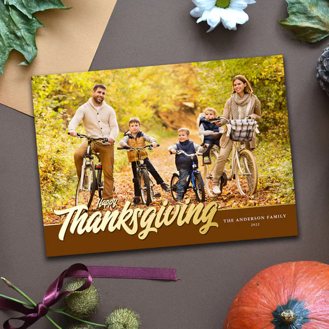 Modern Thanksgiving Gold Foil Photo Foil Holiday Card | Zazzle