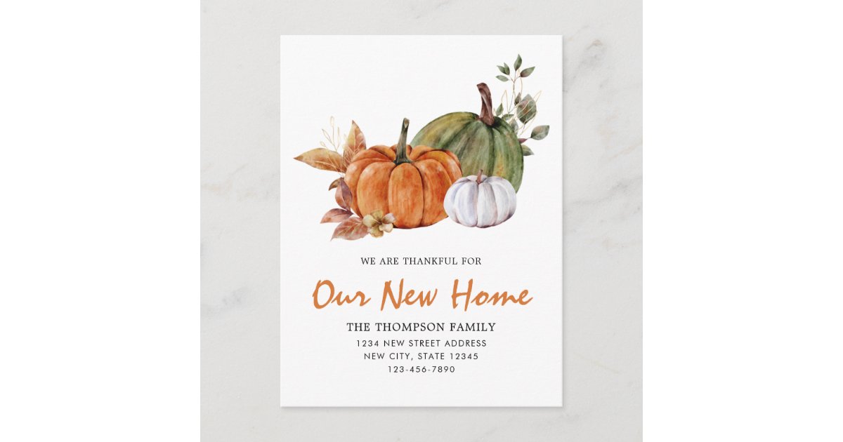 Modern Thanksgiving Our New Home Pumpkin Moving Announcement Postcard ...
