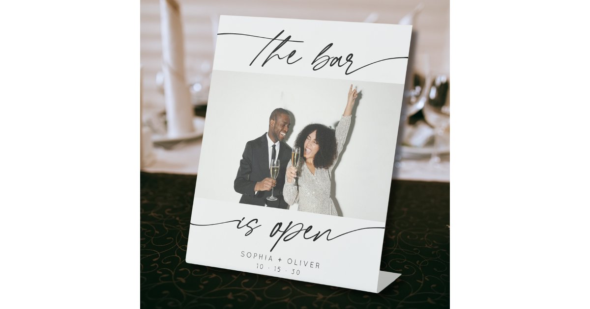 Modern The Bar is Open Calligraphy Script Photo Pedestal Sign | Zazzle