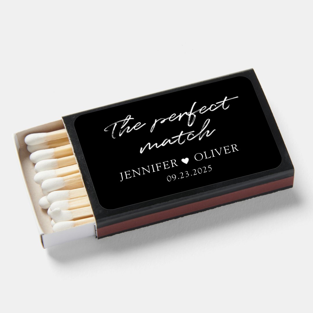 Modern the perfect match black wedding matchboxes | Zazzle