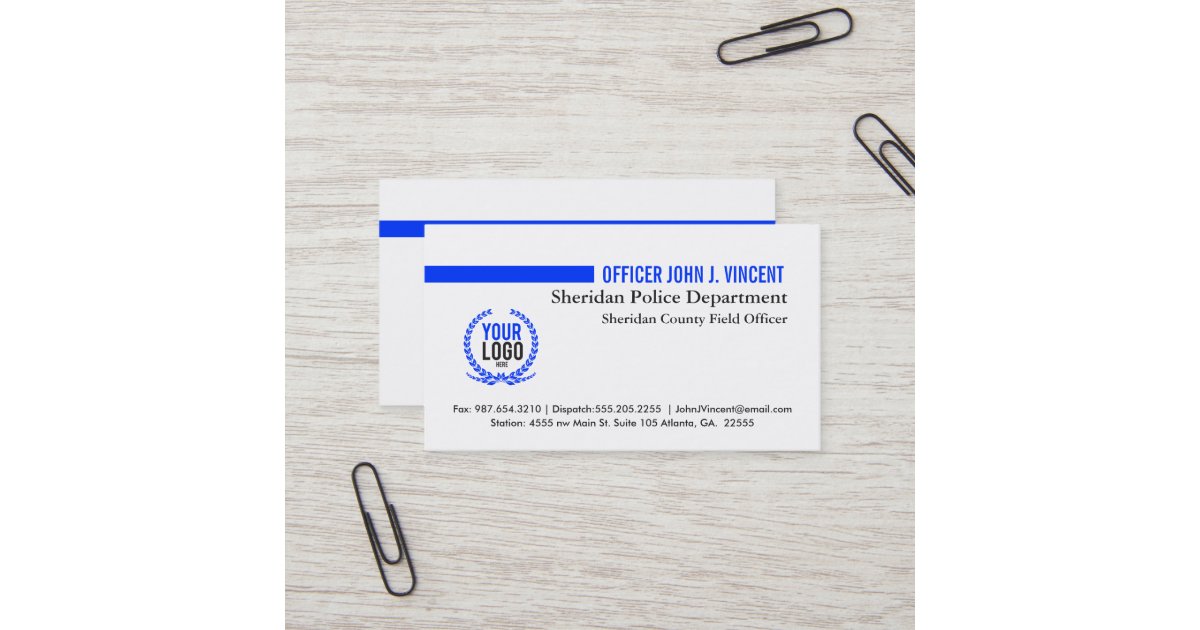 Modern Thin Blue Line Police White with Logo Business Card | Zazzle