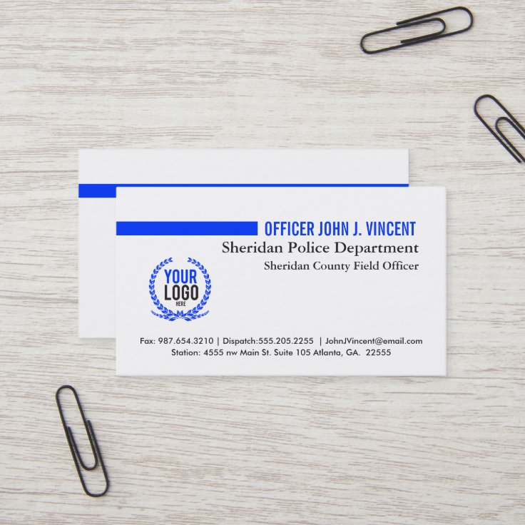 Modern Thin Blue Line Police White with Logo Business Card | Zazzle