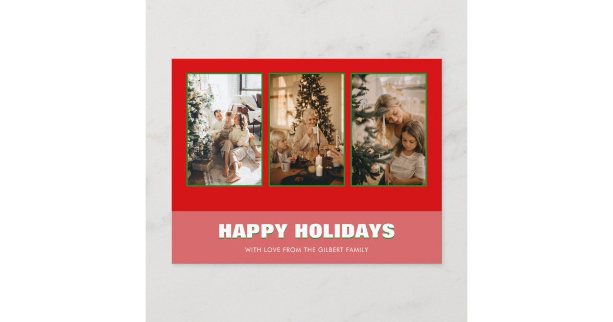 Modern Three Photo Collage Custom Christmas Postcard | Zazzle