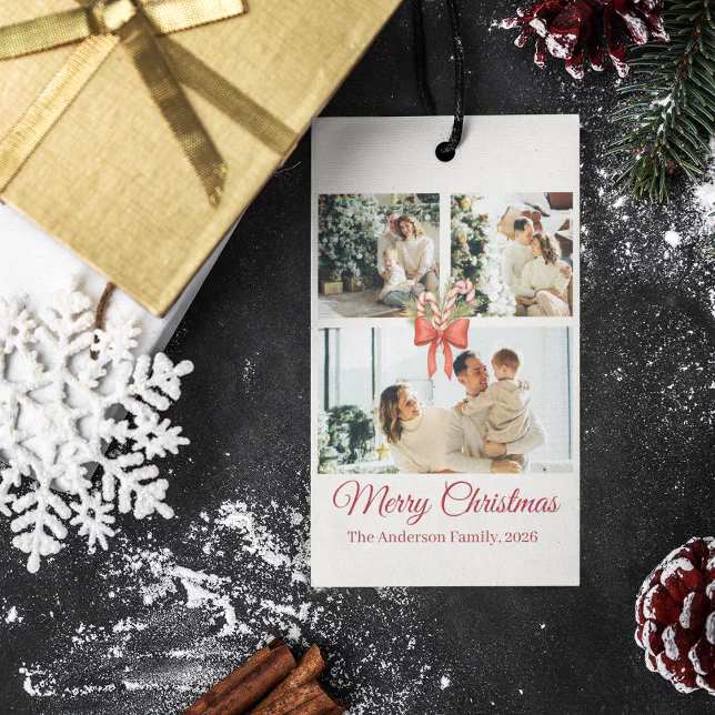Modern Three-Photo Holiday Family Collage Gift Tags | Zazzle