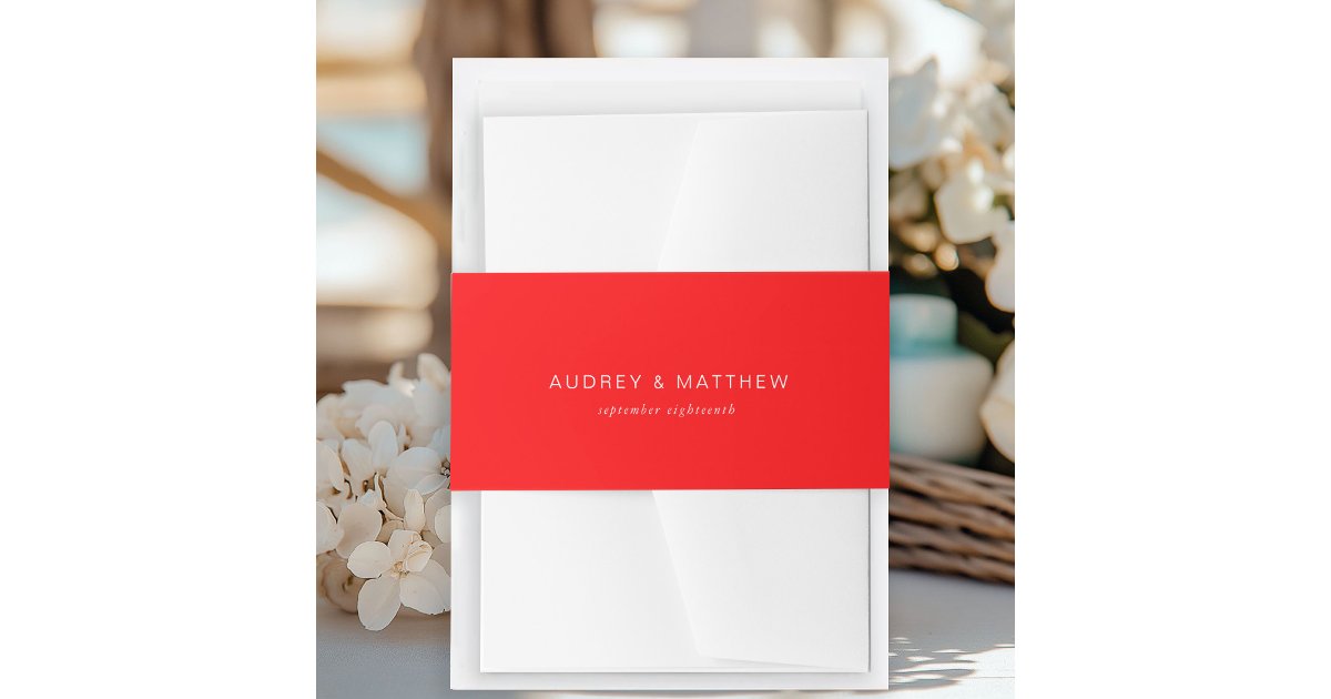 Modern tomato-red invitation belly band | Zazzle