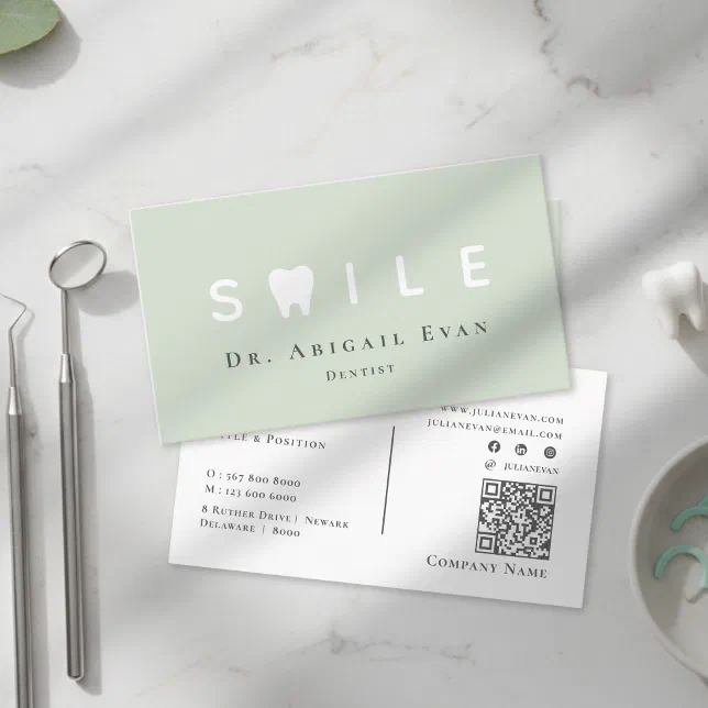 Modern Tooth Icon Professional Sage Green Dentist Business Card | Zazzle
