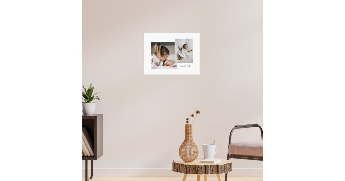 Modern torn edge multi photo personalized script poster | Zazzle