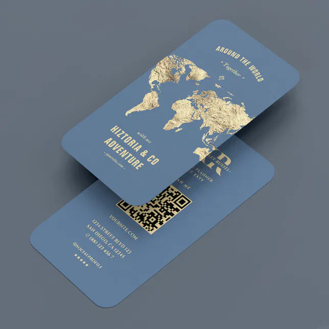 Modern Travel Planner Blue Gold World Map Business Card | Zazzle