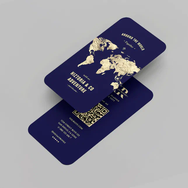 Modern Travel Planner Midnight Blue Gold World Map Business Card | Zazzle