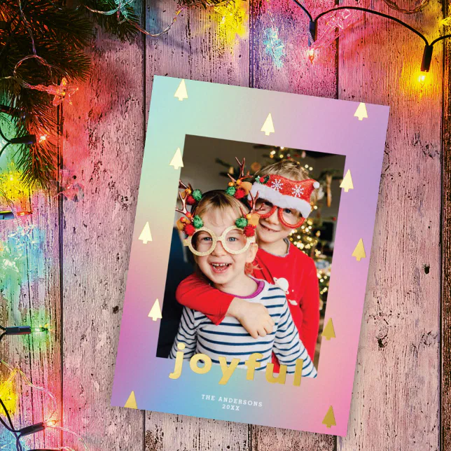 Modern Tree Ombré Rainbow Trendy Photo Gold Foil Holiday Card | Zazzle