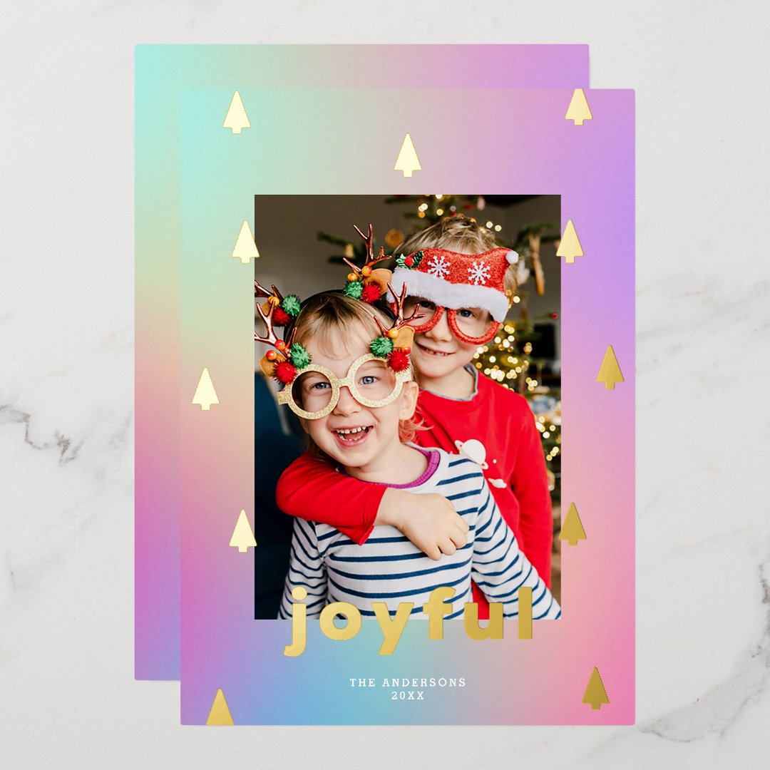 Modern Tree Ombré Rainbow Trendy Photo Gold Foil Holiday Card | Zazzle