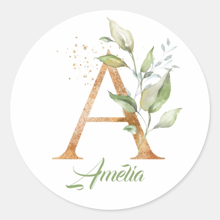 Modern trendy A monogram green and gold foil Classic Round Sticker | Zazzle