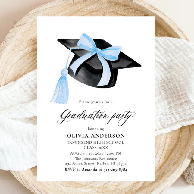 Modern Trendy Blue Bow Graduation Cap Graduation Invitation | Zazzle