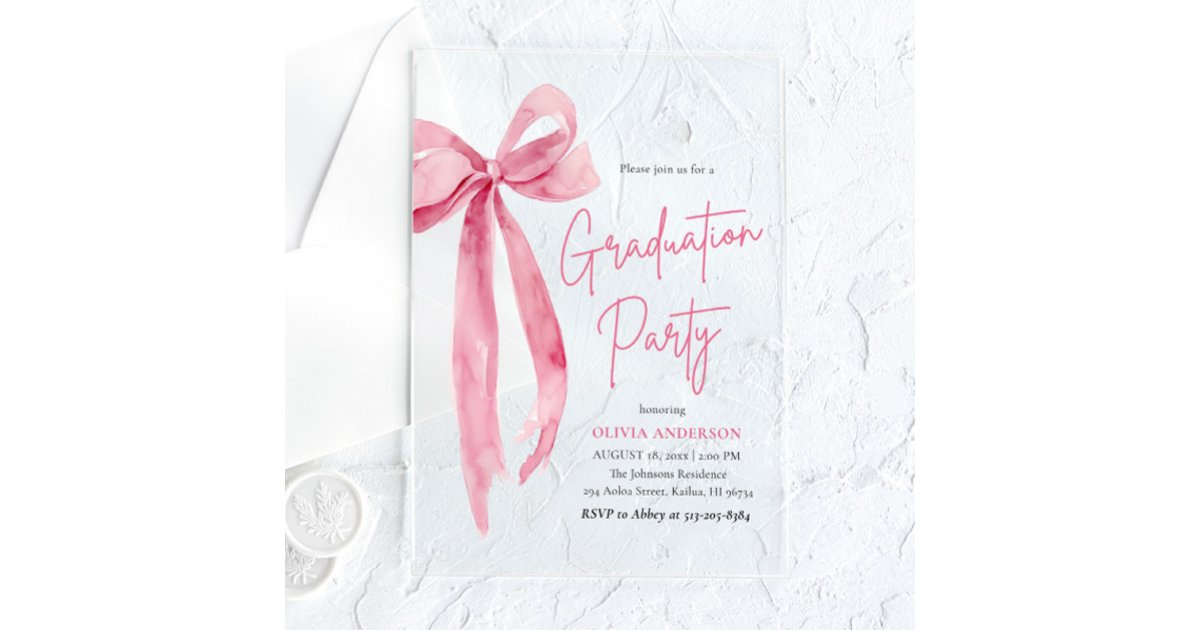 Modern Trendy Blush Pink Bow Graduation Party Acrylic Invitations | Zazzle