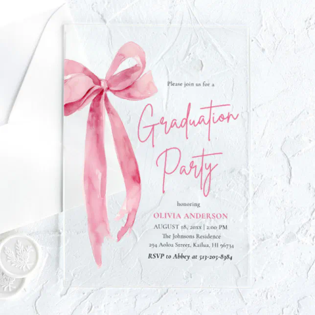 Modern Trendy Blush Pink Bow Graduation Party Acrylic Invitations | Zazzle