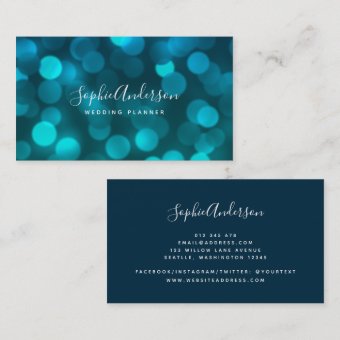Modern Trendy Calligraphy Aqua Blue Bokeh Lights Business Card | Zazzle