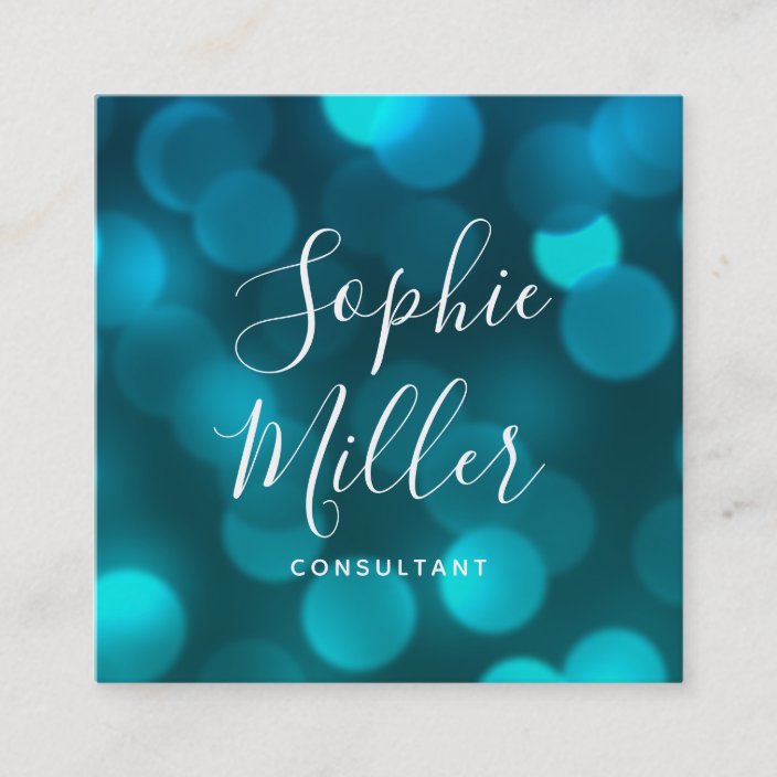 Modern Trendy Calligraphy Aqua Blue Bokeh Lights Square Business Card ...