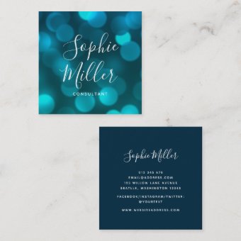 Modern Trendy Calligraphy Aqua Blue Bokeh Lights Square Business Card ...