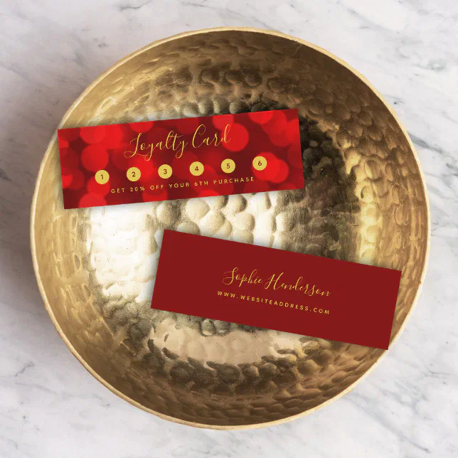 Modern Trendy Calligraphy Ruby Red Bokeh Lights Loyalty Card | Zazzle
