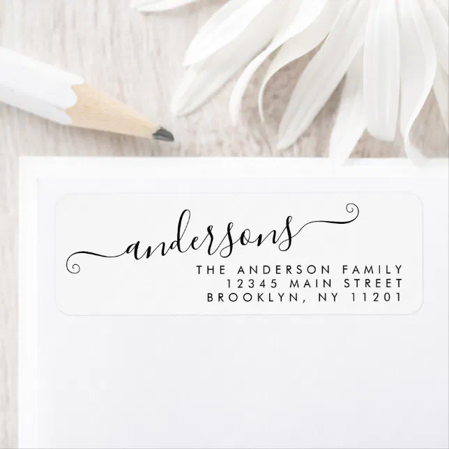 Modern Trendy Calligraphy Script Black Last Name Label | Zazzle