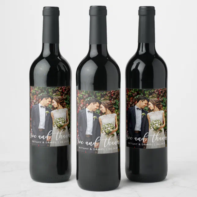 Modern Trendy Love and Thanks | Photo Wedding Wine Label | Zazzle