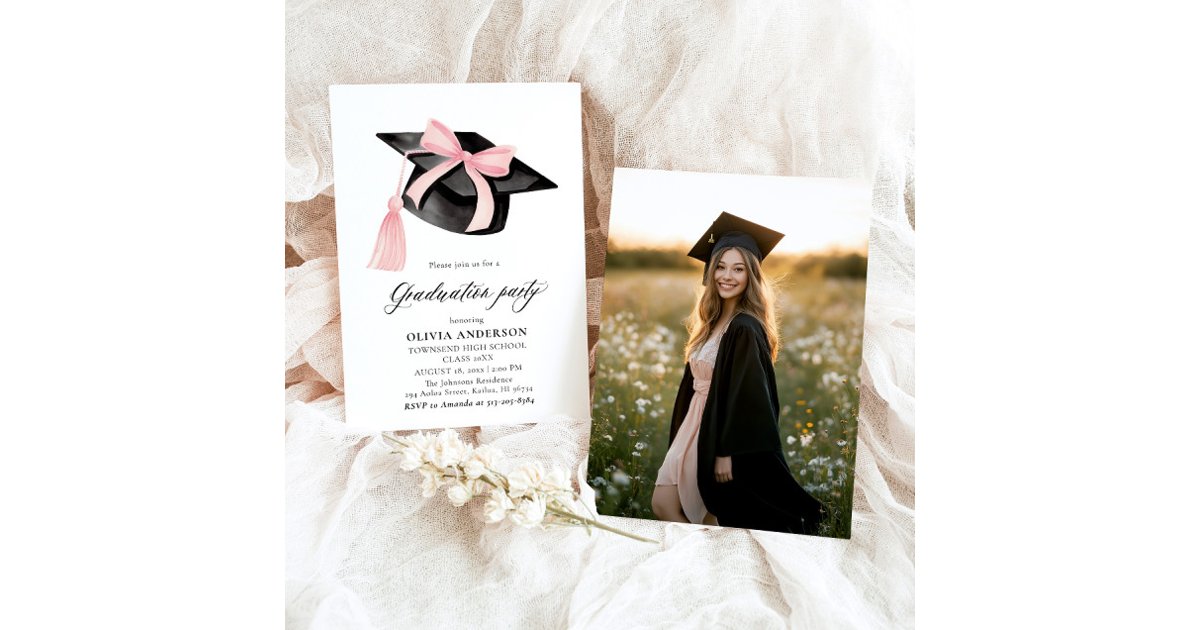 Modern Trendy Pink Bow Graduation Cap Graduation Invitation | Zazzle