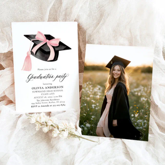 Modern Trendy Pink Bow Graduation Cap Graduation Invitation | Zazzle