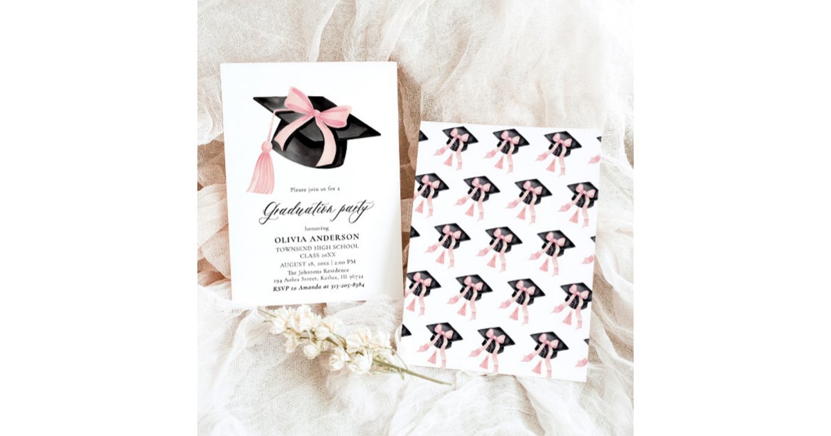 Modern Trendy Pink Bow Graduation Cap Graduation Invitation | Zazzle