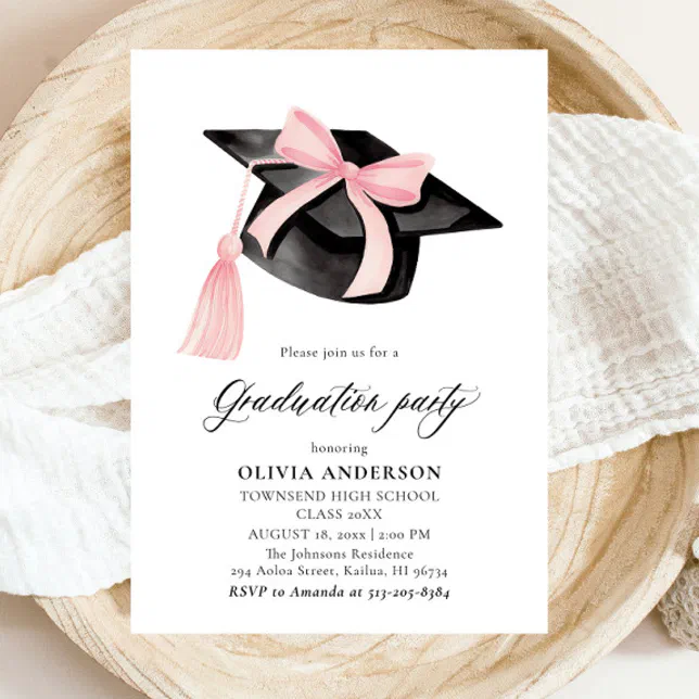 Modern Trendy Pink Bow Graduation Cap Graduation Invitation | Zazzle