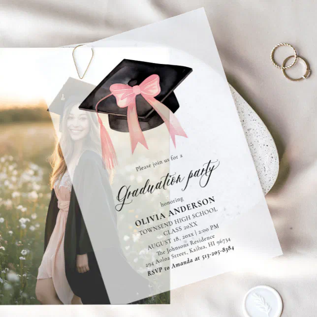 Modern Trendy Pink Bow Graduation Cap Graduation Vellum Invitations ...