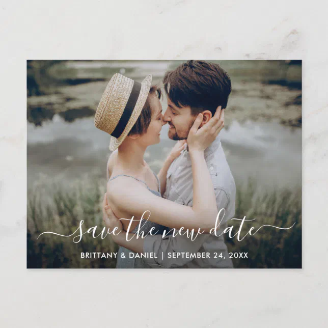 Modern Trendy Script Save The New Date Photo Postcard | Zazzle