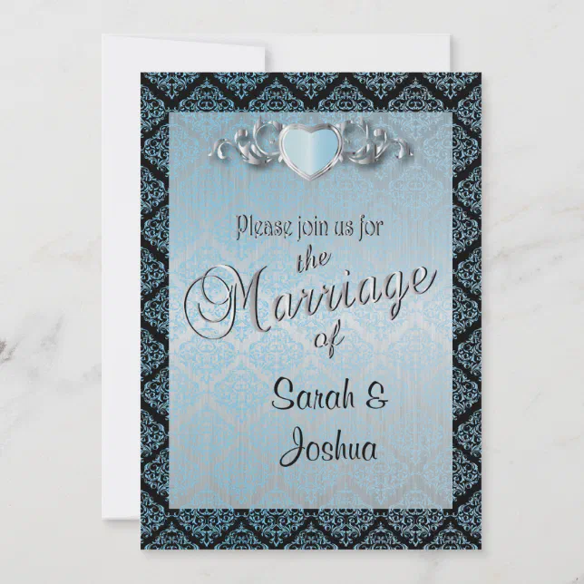 Modern Trendy Wedding in a Aqua Blue Damask Invitation | Zazzle