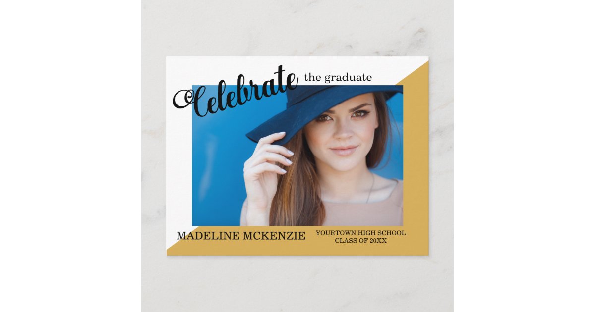 Modern Trendy Yellow White Graduation Party Photo Postcard | Zazzle