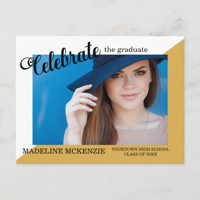 Modern Trendy Yellow White Graduation Party Photo Postcard | Zazzle