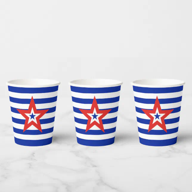 Modern Tri-Colored Star on Blue/White Striped Paper Cups | Zazzle