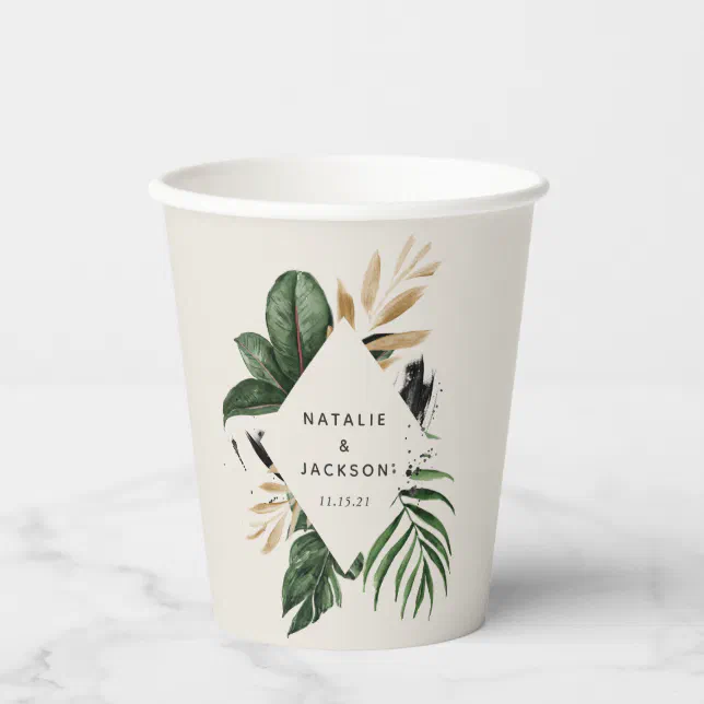 Modern tropical abstract painted wedding paper cups | Zazzle
