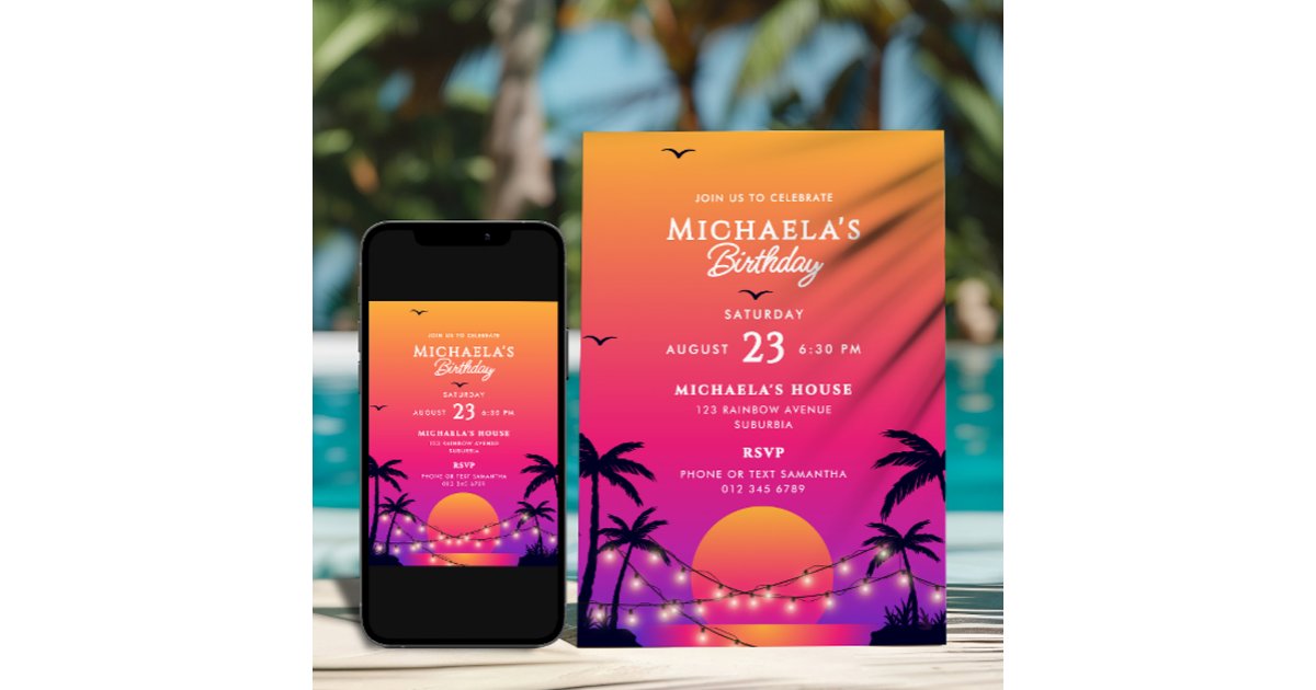 Modern Tropical Beach Sunset Birthday Party Invitation | Zazzle