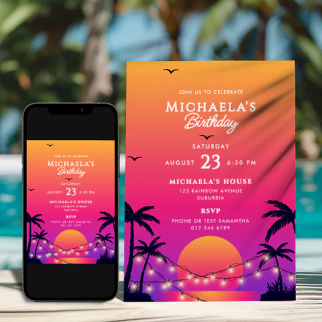 Modern Tropical Beach Sunset Birthday Party Invitation | Zazzle