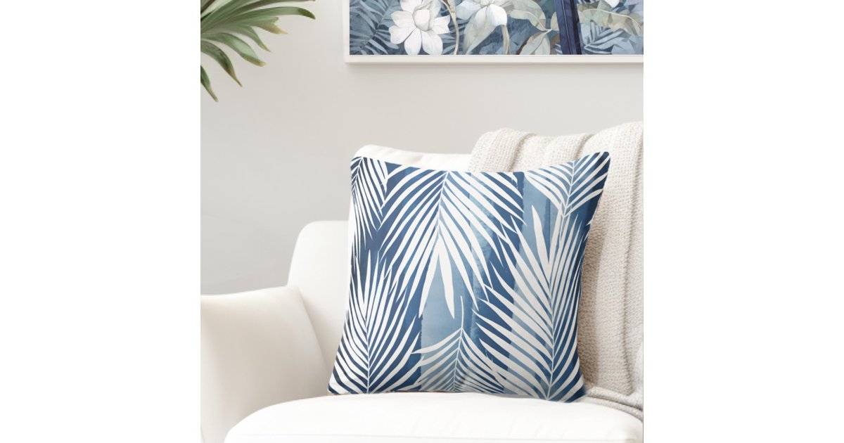 Modern Tropical Blue White Palm Leaves Throw Pillow | Zazzle