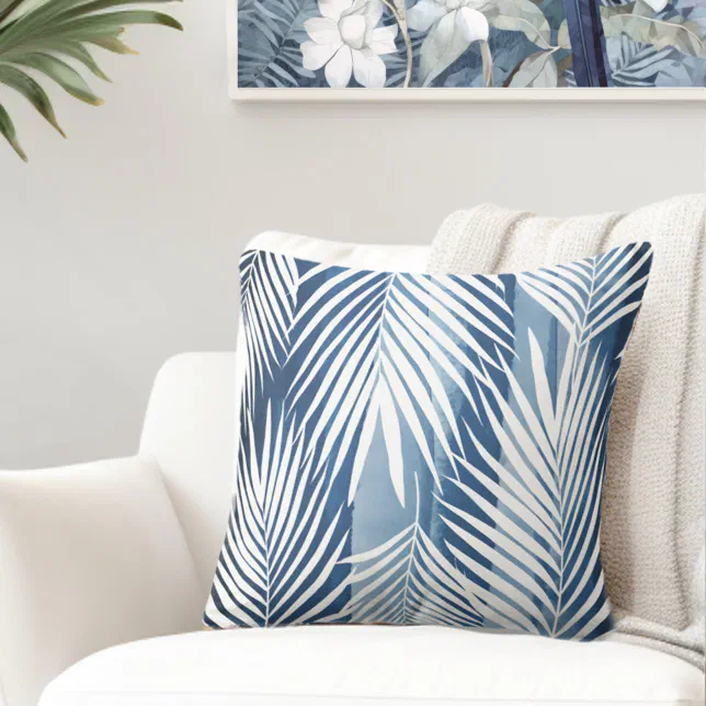 Modern Tropical Blue White Palm Leaves Throw Pillow | Zazzle