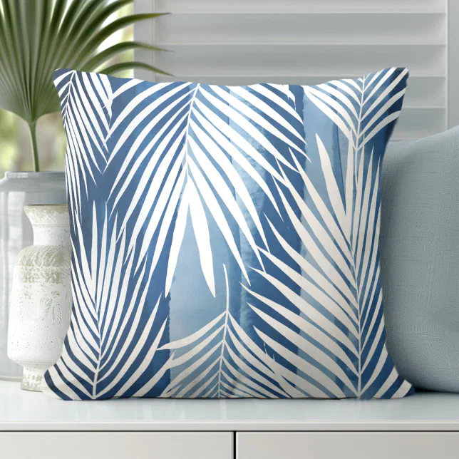 Modern Tropical Blue White Palm Leaves Throw Pillow | Zazzle
