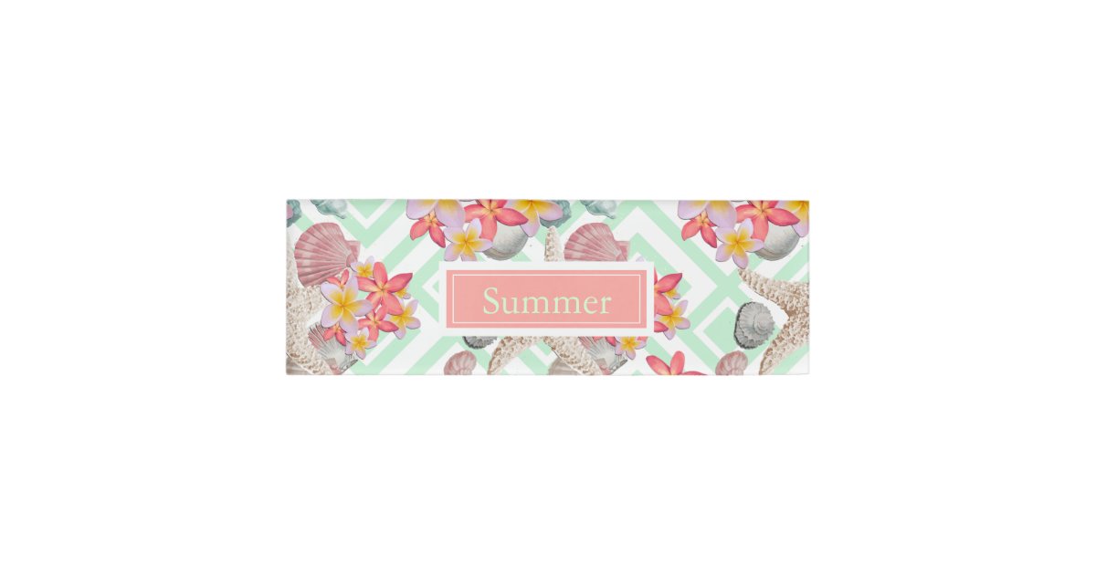 Modern tropical flowers seashells geometric design name tag | Zazzle
