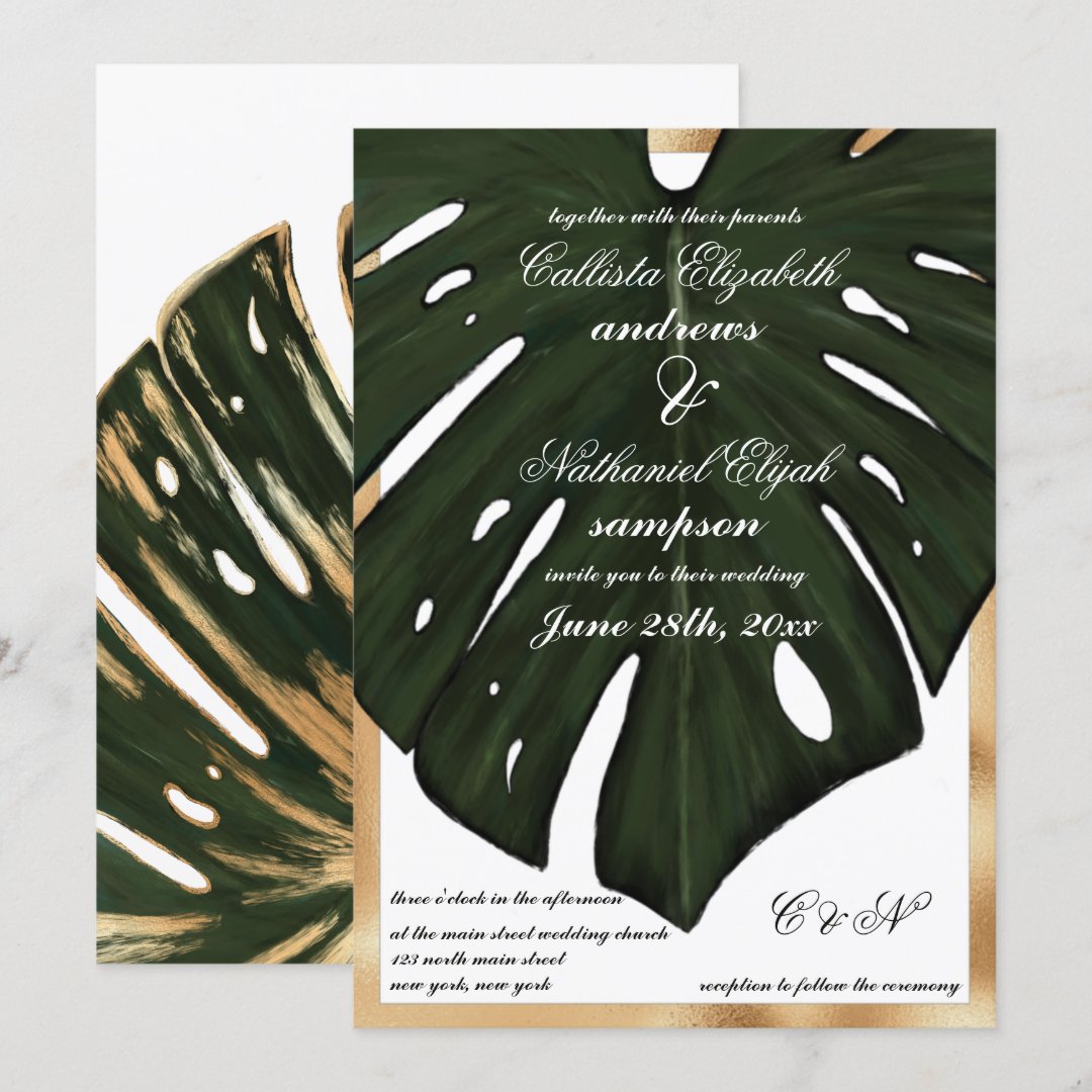 Modern Tropical Green Gold Monstera Leaf Wedding Invitation | Zazzle